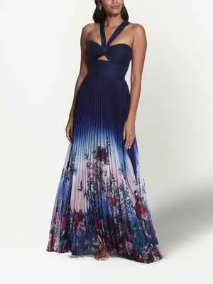 Marchesa Floral-print Pleated Gown