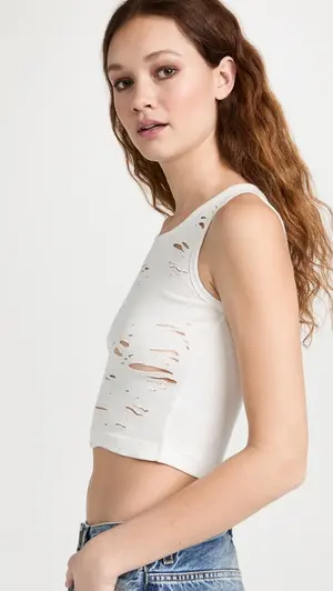 R13 Distressed Ribbed Tank - Ecru