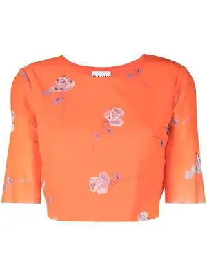 GANNI Mesh-detail Floral-print T-shirt