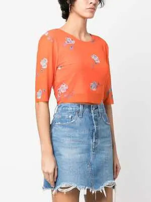 GANNI Mesh-detail Floral-print T-shirt