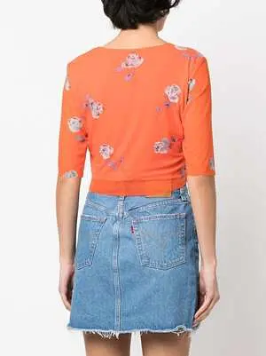 GANNI Mesh-detail Floral-print T-shirt