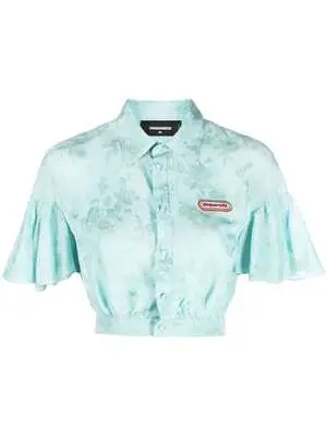 Dsquared2 Floral Jacquard Flounce Sleeve Crop Shirt
