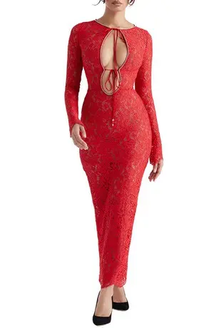 House Of Cb Lisandra Crystal Trim Long Sleeve Lace Dress - Red