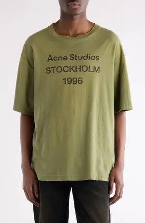 Acne Studios 1996 Logo Distressed Cotton & Hemp Graphic Tee - Olive Green