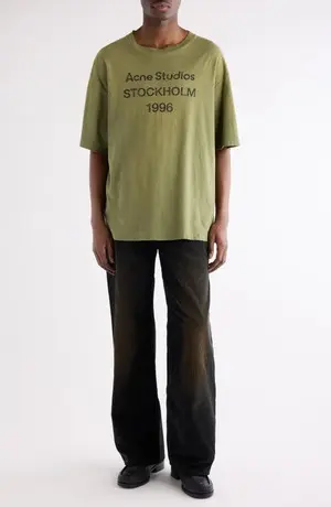 Acne Studios 1996 Logo Distressed Cotton & Hemp Graphic Tee - Olive Green