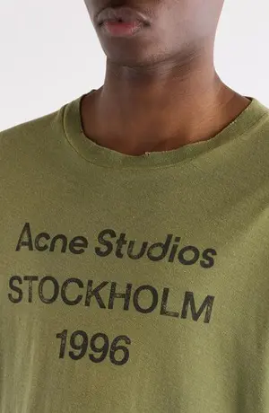 Acne Studios 1996 Logo Distressed Cotton & Hemp Graphic Tee - Olive Green