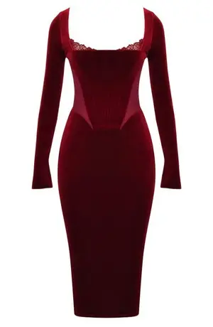 solaine lace trim long sleeve velvet midi dress House Of Cb Solaine Velvet Midi Dress With Lace Trim - Wine