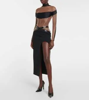 David Koma Leather-trimmed Midi Skirt