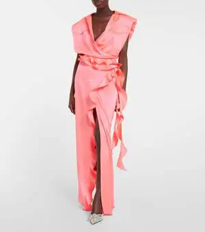 David Koma Ruffle Satin Wrap Gown