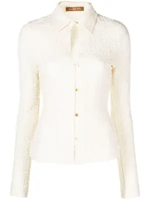 REJINA PYO Crinkled Long-sleeve Polo Top - Neutrals