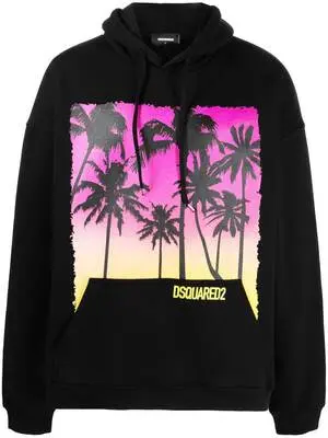 Dsquared2 Palm-tree Print Cotton Hoodie - Black