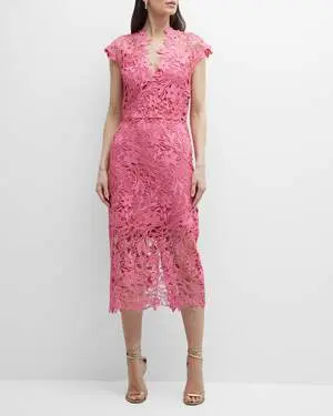 Monique Lhuillier Semi-Sheer Lace Midi Dress In Fuschia - 75% Off |  Editorialist