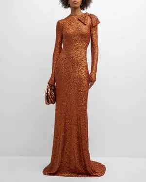 Naeem Khan Long-sleeve Sequin Gown With Bow Detail - Copper