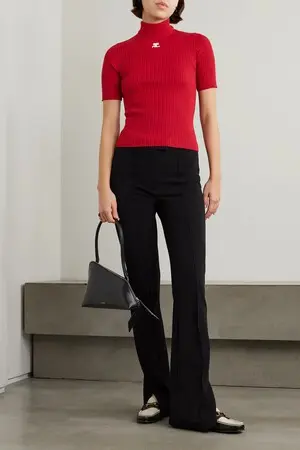 COURREGES Embroidered Ribbed-knit Top - Red