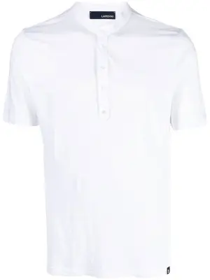 LARDINI Linen Band Collar Polo Top - White