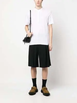 LARDINI Linen Band Collar Polo Top - White
