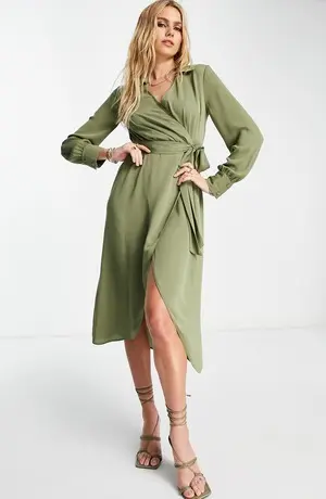 Asos Collared Long Sleeve Wrap Midi Dress