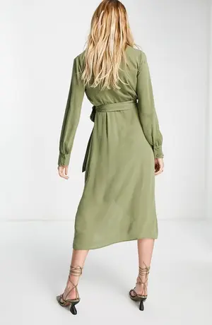 Asos Collared Long Sleeve Wrap Midi Dress