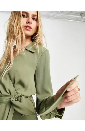 Asos Collared Long Sleeve Wrap Midi Dress