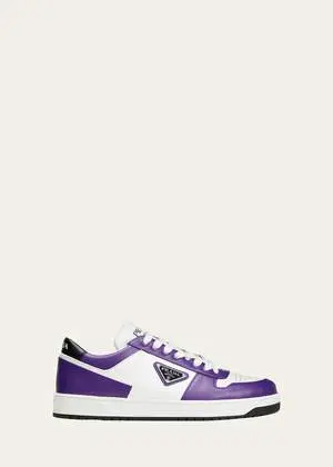 Prada Men's Downtown Triangle Logo Leather Low-Top Sneakers White/purple