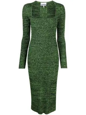 GANNI Square-neck Knitted Midi Dress