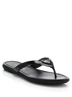 Prada Women's Logo Patent Leather Thong Sandals - Black  - Black