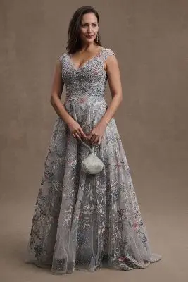 Mac Duggal Emery A-le Hand-embroidered V-neck Gown