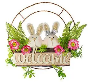 NORTHLIGHT Rabbit Couple Floral Spring 'welcome Wreath 19 - One-color