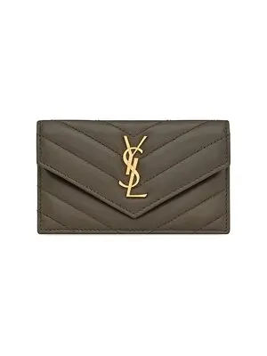Saint Laurent Cassandre Matelasse Fragts Flap Card Case In Quilted Lambskin Green