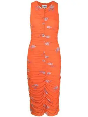 GANNI Rose-print Ruched Mesh Dress