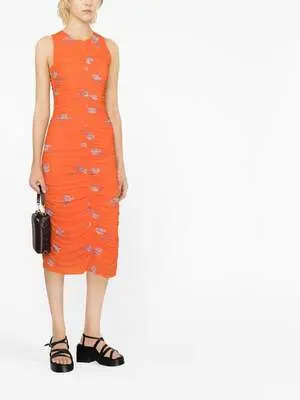 GANNI Rose-print Ruched Mesh Dress