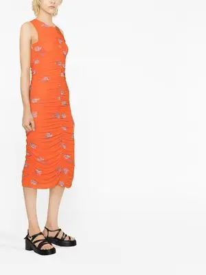 GANNI Rose-print Ruched Mesh Dress