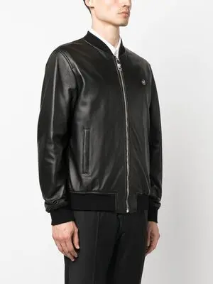 Philipp Plein Leather Bomber Jacket - Black