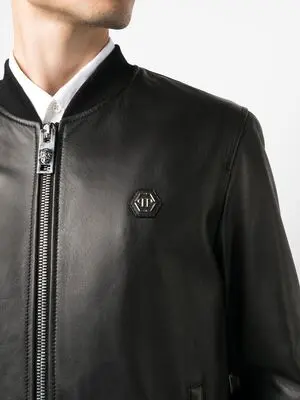 Philipp Plein Leather Bomber Jacket - Black