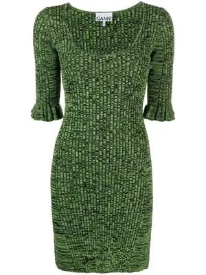 GANNI Flounce-sleeve Mélange Minidress - Green