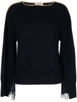 ONEFIFTEEN Floral-lace Detail Wool Sweatshirt - Blue