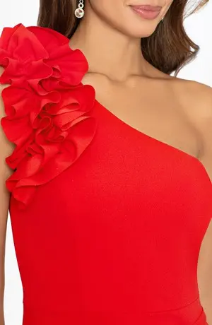 XSCAPE EVENINGS Ruffle One-shoulder Scuba Crepe Gown