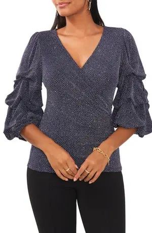 Chaus Surplice V-neck Lantern Sleeve Blouse - Navy/silver 468
