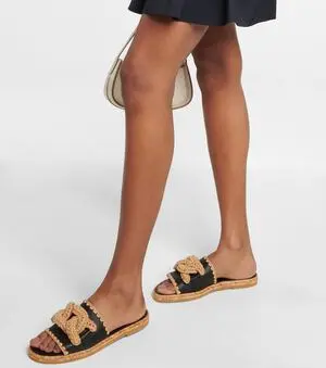 TOD'S Black Calf Leather And Jute Slides - Neutrals