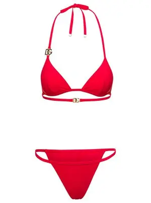Dolce & Gabbana Triangle Bikini With Dg Logo In Stretch Polyamide