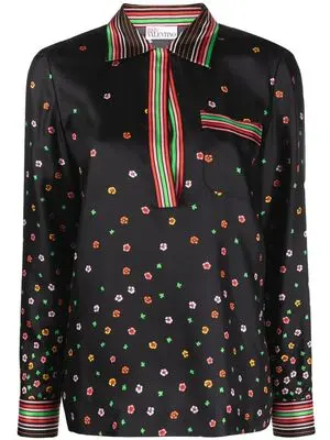 Red Valentino Floral-print Silk Blouse - Black