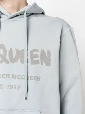 Alexander McQueen Logo Print Drawstring Hoodie - Grey