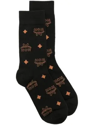 Mcm Monogram Print Knit Socks - Black