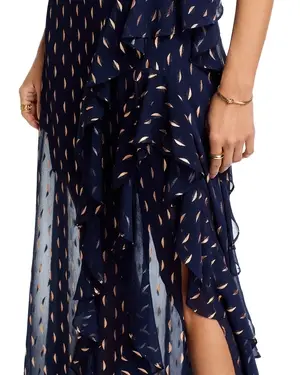 Aqua Metallic Crescent Chiffon Ruffle Gown Exclusive - Navy/copper