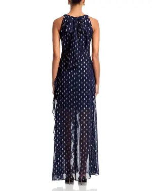 Aqua Metallic Crescent Chiffon Ruffle Gown Exclusive - Navy/copper