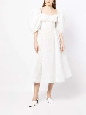 ANOUKI Puff-sleeve Floral-embroidered Midi Dress