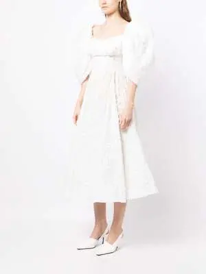 ANOUKI Puff-sleeve Floral-embroidered Midi Dress