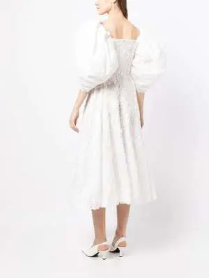 ANOUKI Puff-sleeve Floral-embroidered Midi Dress