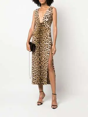 Roberto Cavalli Leopard-print Plunge Midi Dress