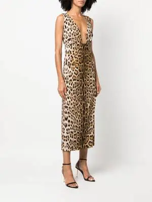 Roberto Cavalli Leopard-print Plunge Midi Dress